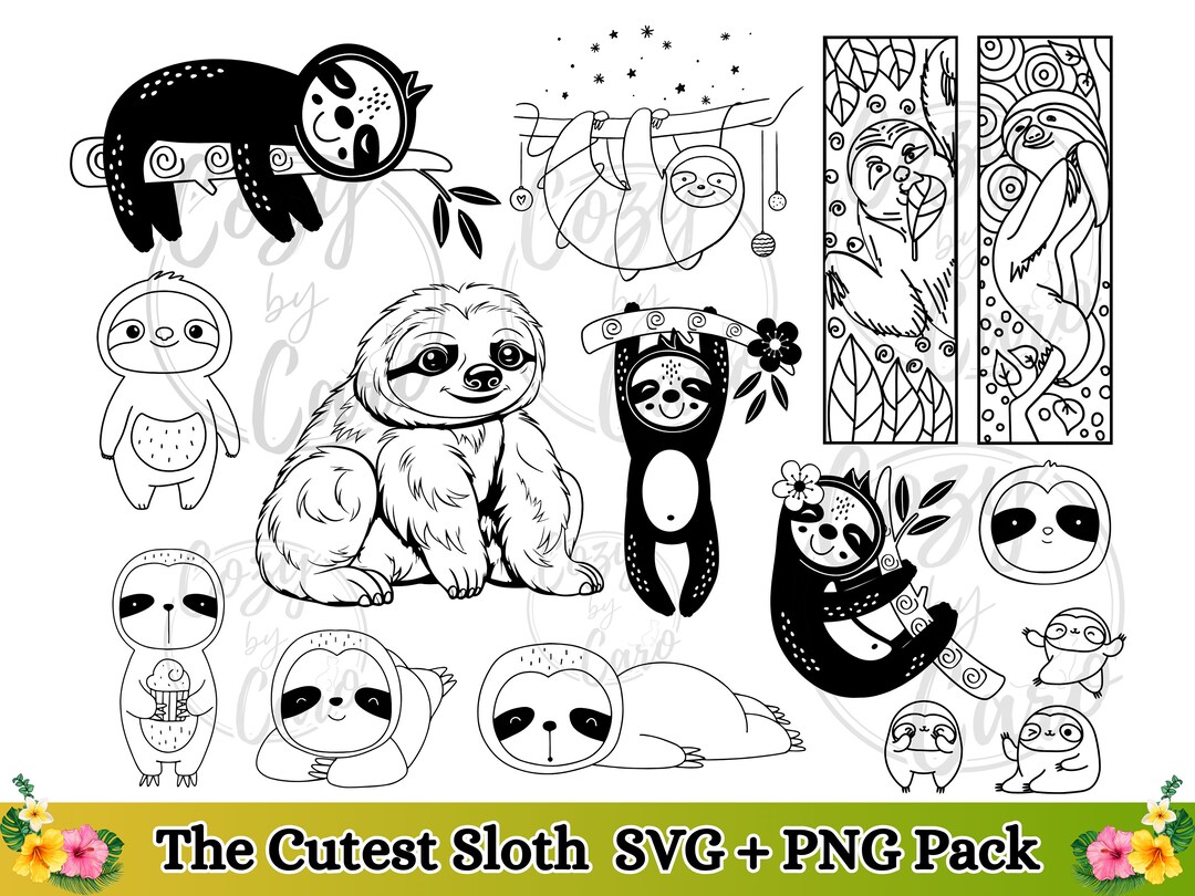 Cute Sloth SVG PNG Pack Kids Room Decor Classroom Jungle Friends Vinyl ...