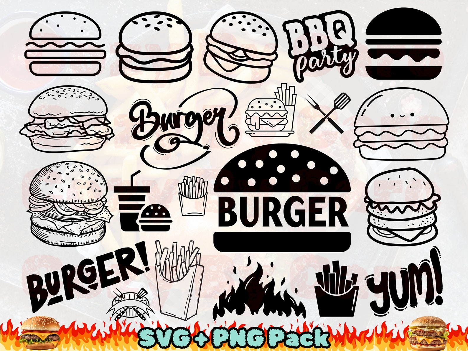 Burger BBQ SVG PNG Multipack Grill Barbeque Quote Image Clipart Cutting Machine Files French ...