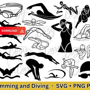 Swimming and Diving SVG PNG Pack Swimmer Silhouette Diver Outline Vinyl ...