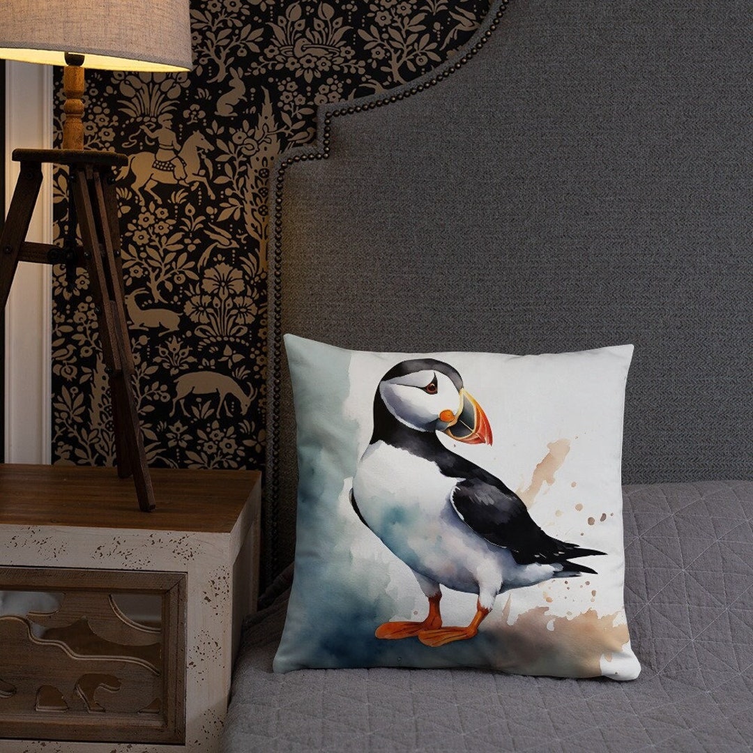 Watercolor Puffin Pillow and Cover Sea Bird Cushion Couch Decor for ...