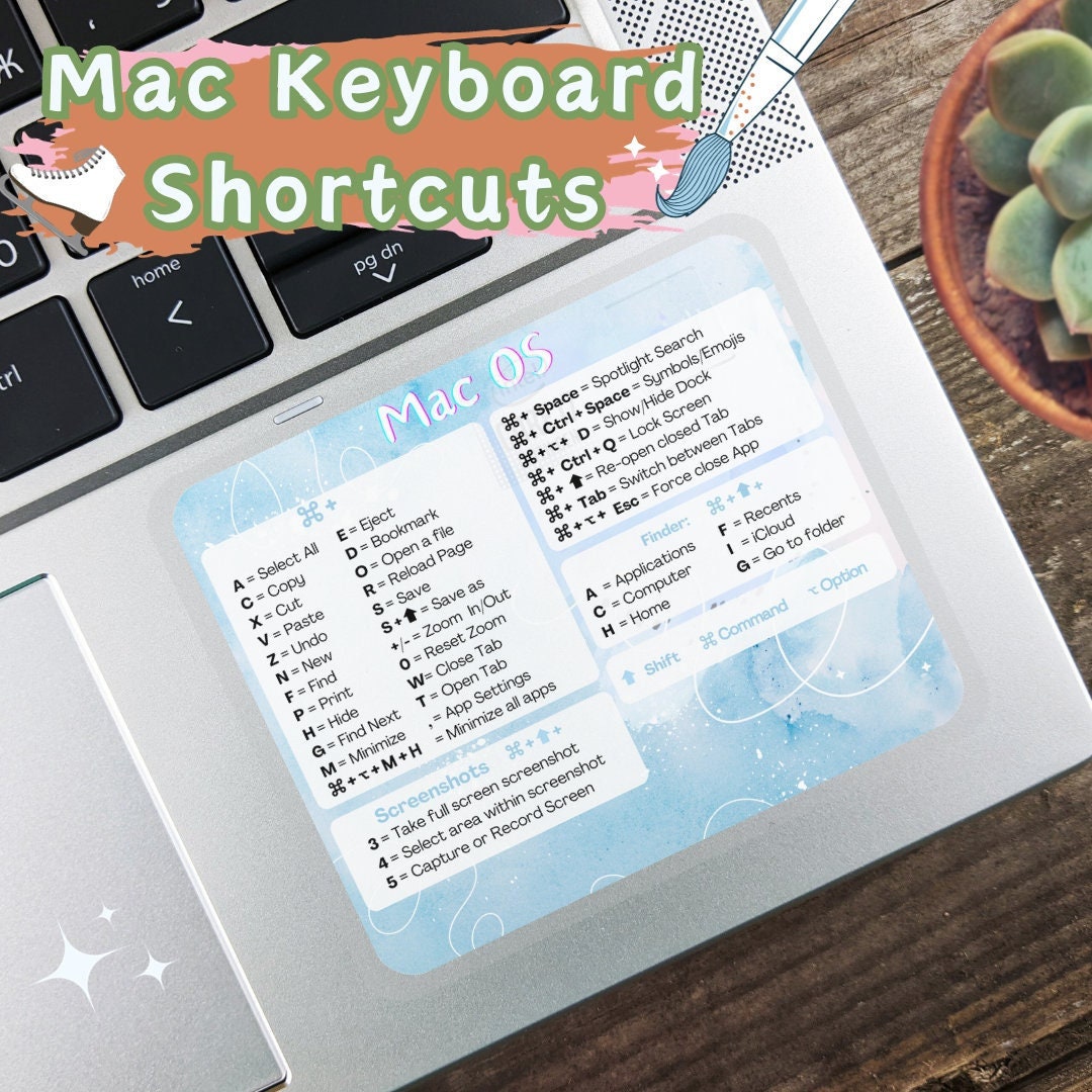 Blue Mac Shortcut Sticker Apple MacBook Keyboard Shortcut Watercolor ...