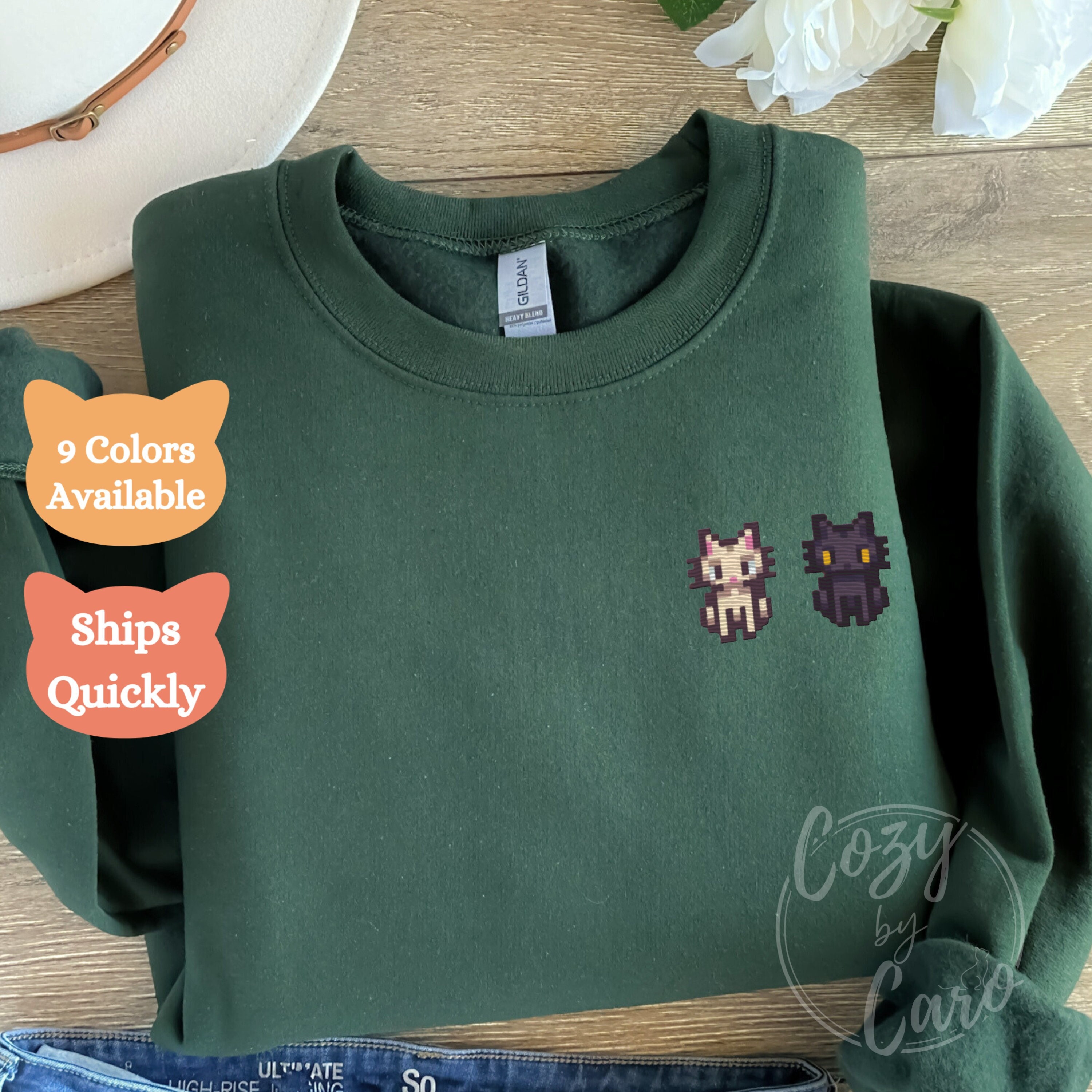 Embroidered 1.6 Pixel Cats New Black and White Sweatshirt Stardew ...