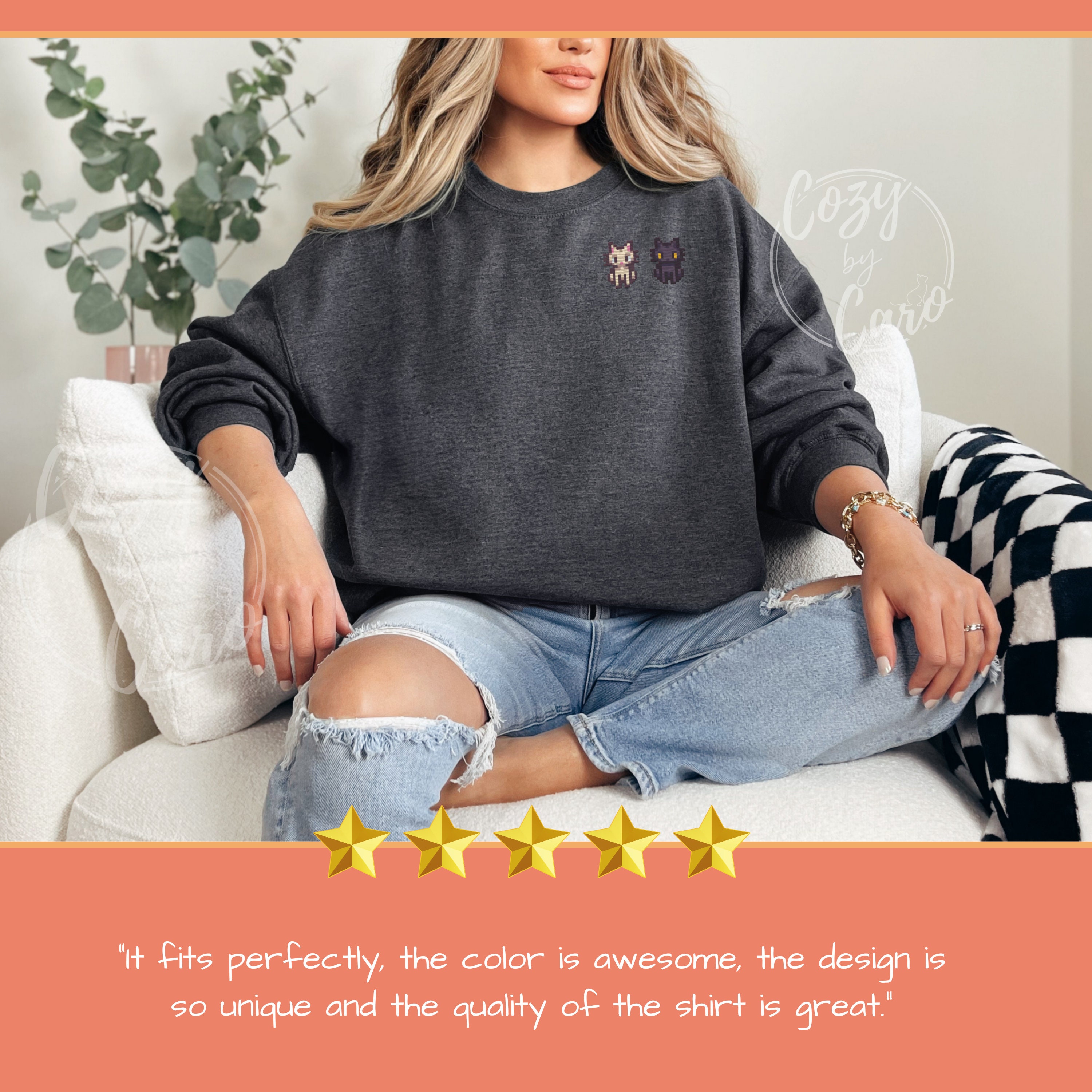 Embroidered 1.6 Pixel Cats New Black and White Sweatshirt Stardew ...