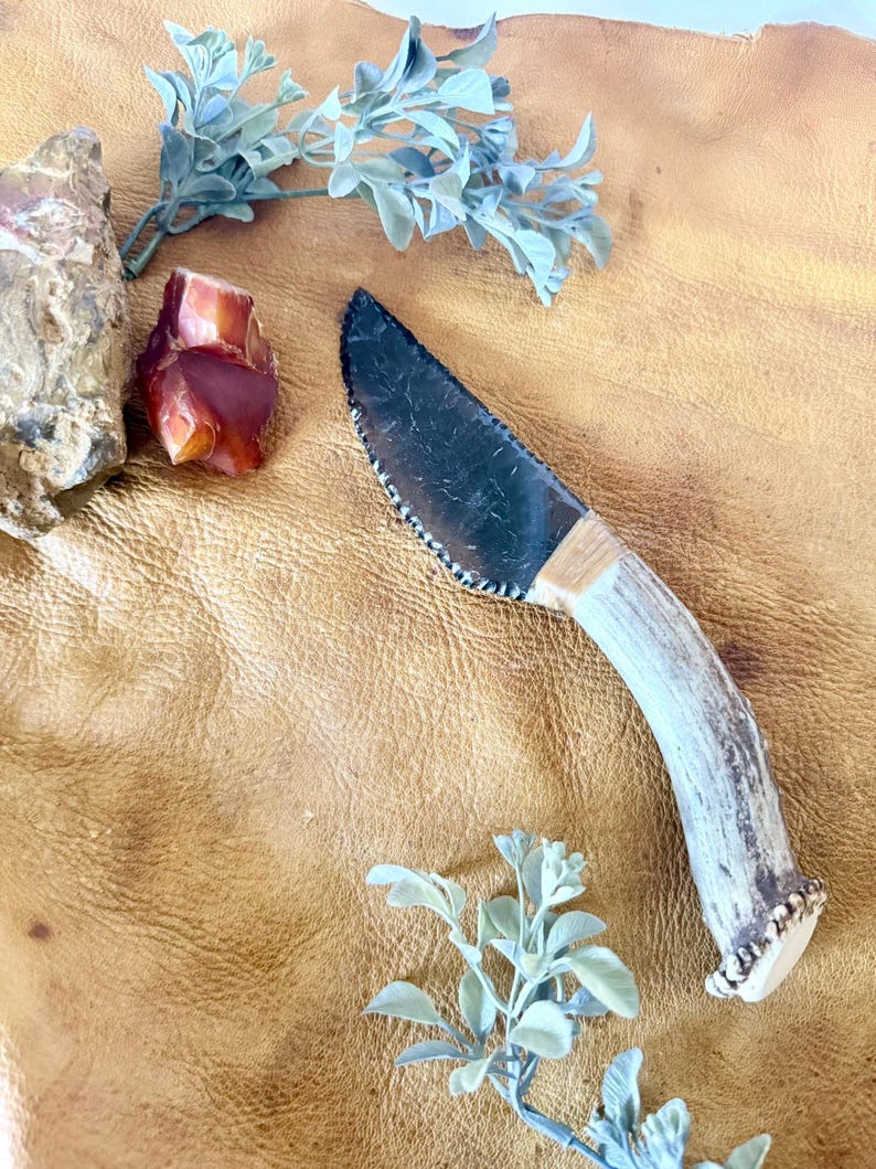 Silver Sheen Obsidian Knife • Rainbow Obsidian Blade • Deer Antler ...
