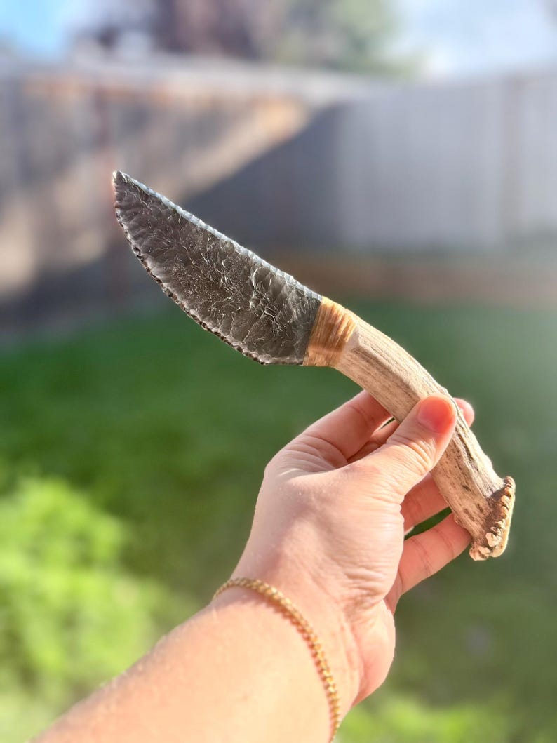 Silver Sheen Obsidian Knife • Rainbow Obsidian Blade • Deer Antler ...