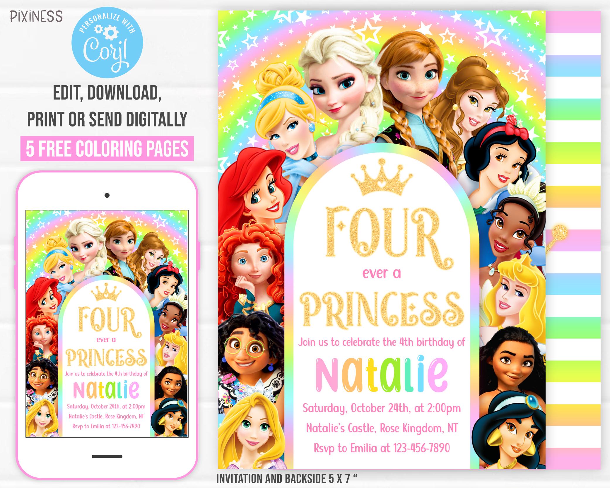 Four Ever a Princess Birthday Invitation Princess 4th Birthday Party ...