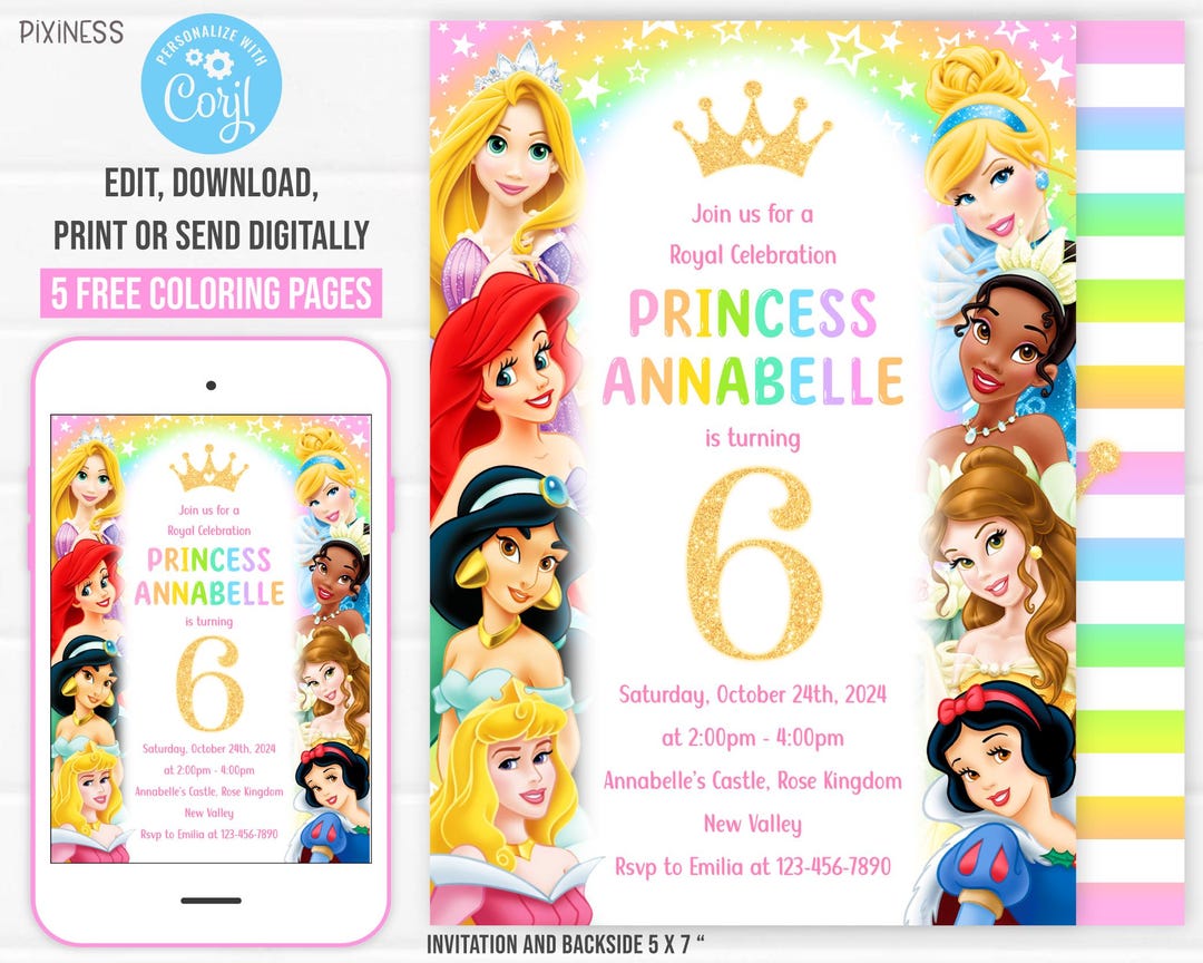 Editable Princess Birthday Invitation Princess 6th Birthday Party ...