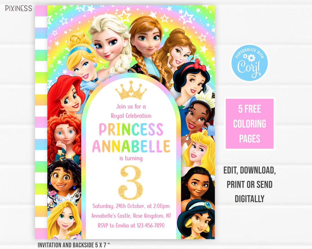 Editable Princess Birthday Invitation Princesses Birthday Invitation ...