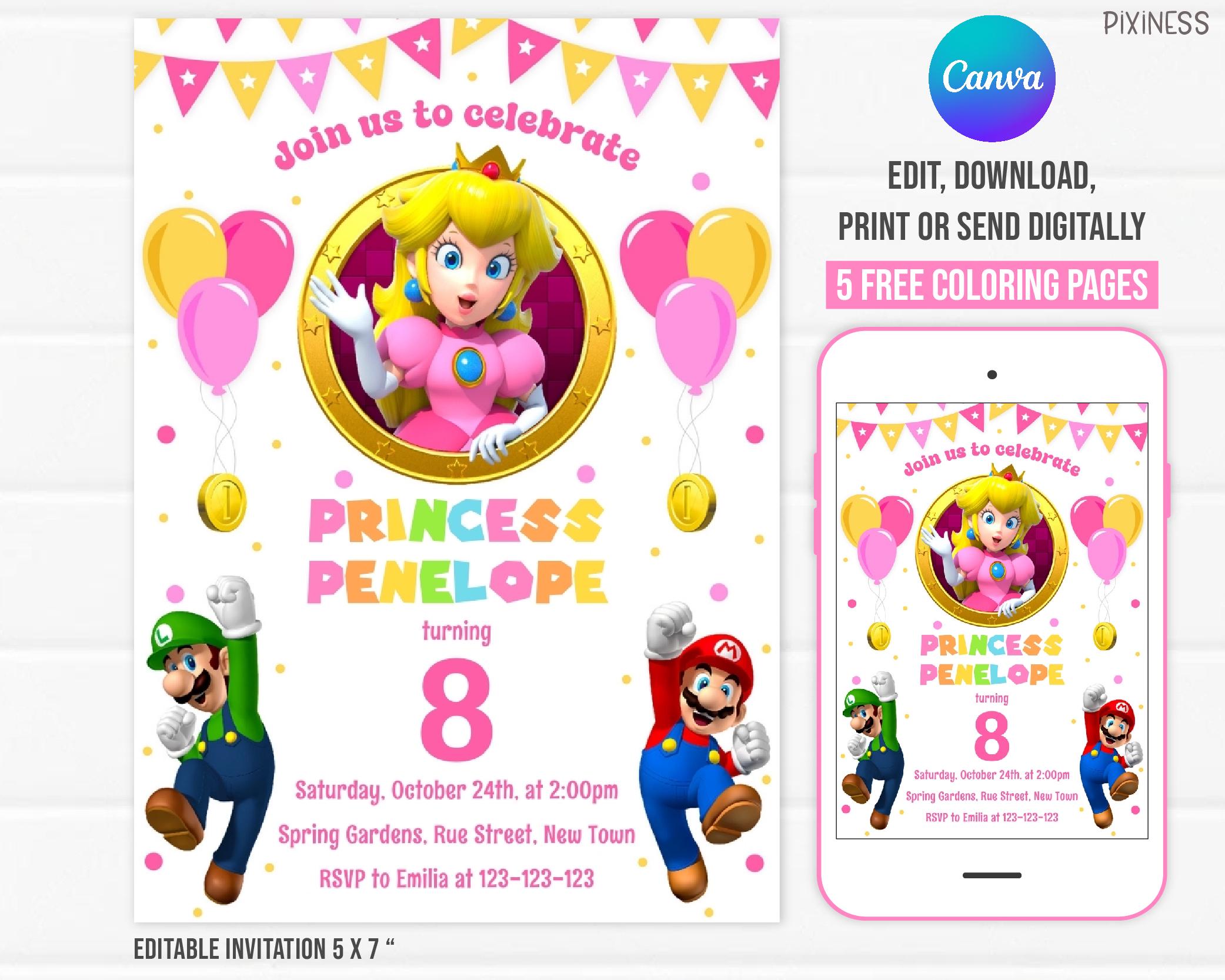 Editable Princess Peach 8th Birthday Invitation Princess Birthday Party ...