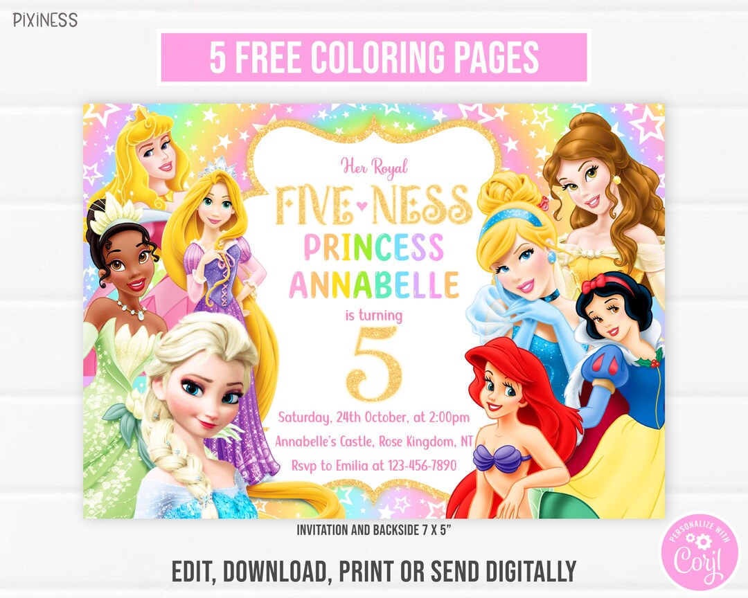 Fiveness Princess Birthday Invitation Five Ness 5th Princess Party ...