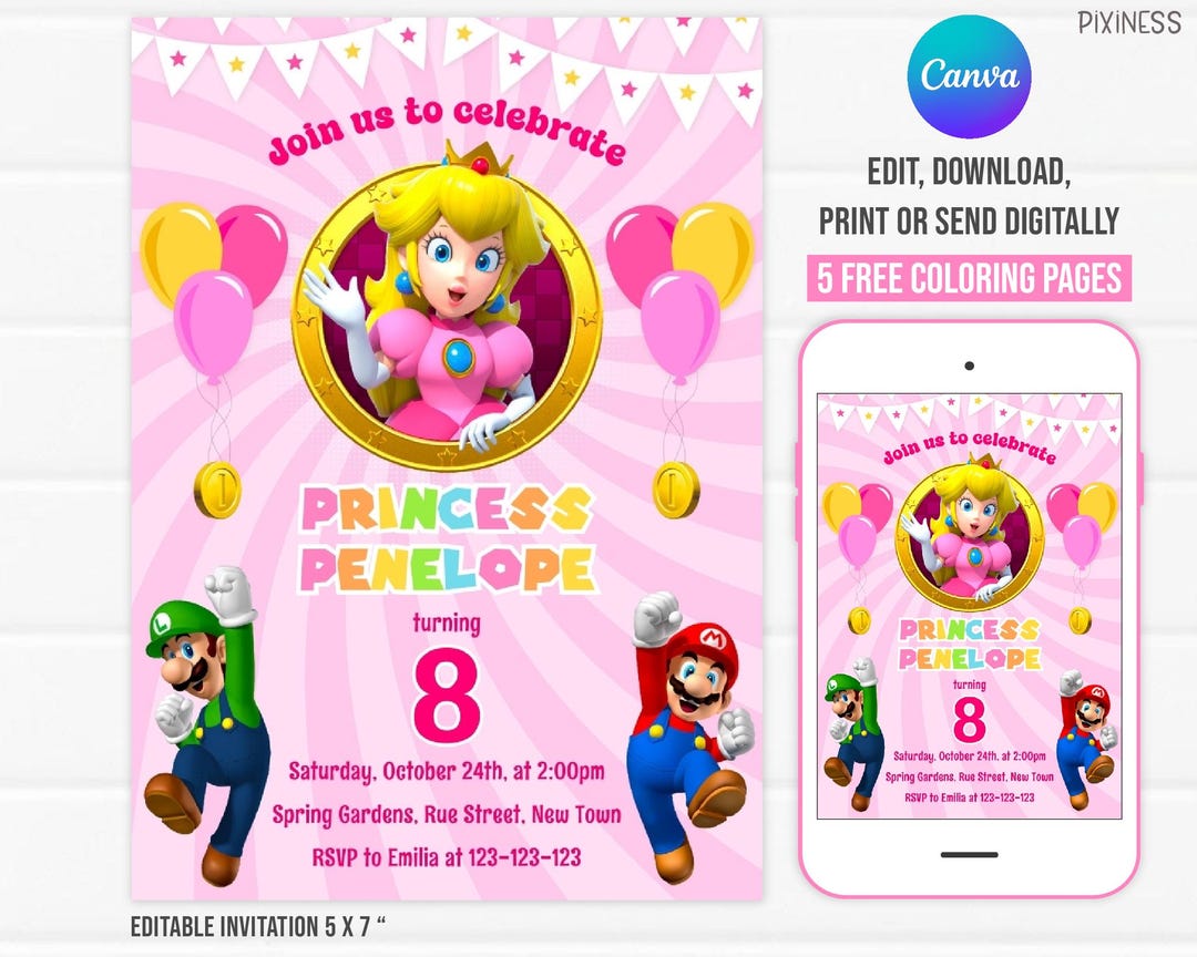 Princess Peach Birthday Invitation Editable Princess Peach Invitation ...