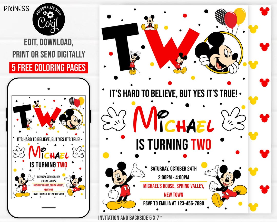 Editable Mickey Mouse Birthday Invitation Mickey Mouse 2nd Birthday ...