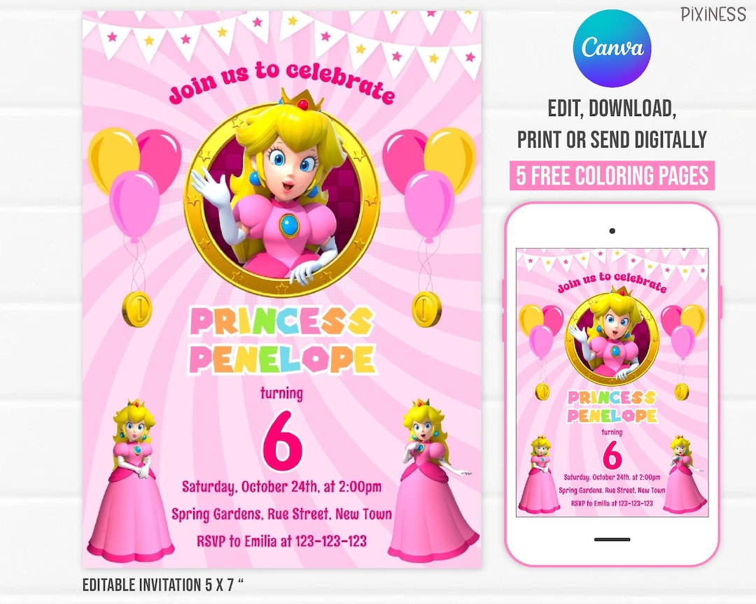 Princess Peach Birthday Invitation Princess Peach Birthday Party ...