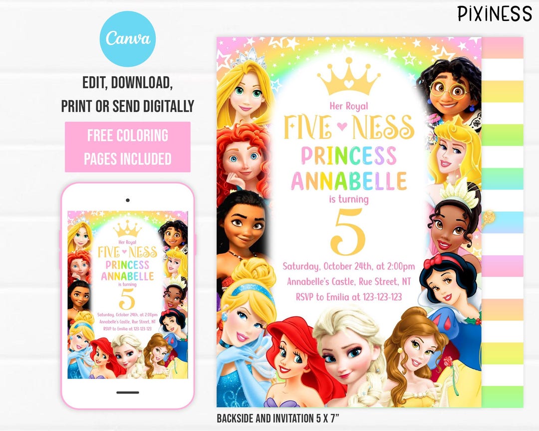 Editable Fiveness Princess Birthday Invitation Five Ness Princess ...