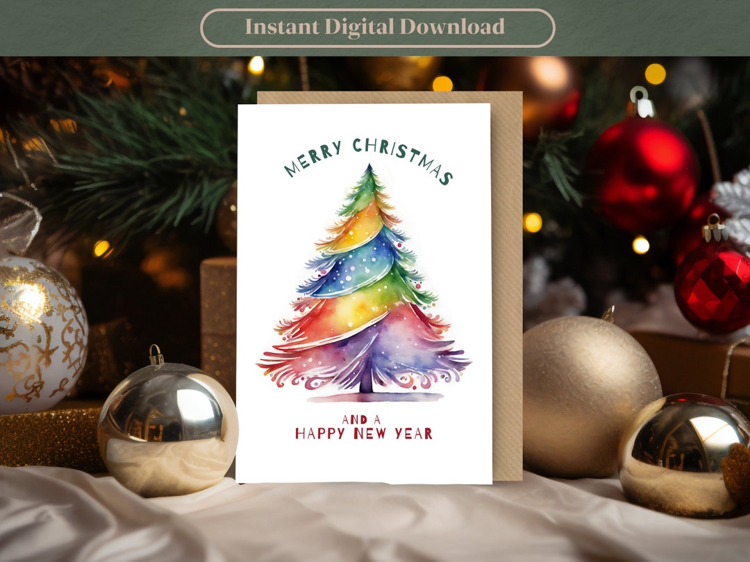 Rainbow Christmas Card With Rainbow Tree for Merry Christmas Happy New ...