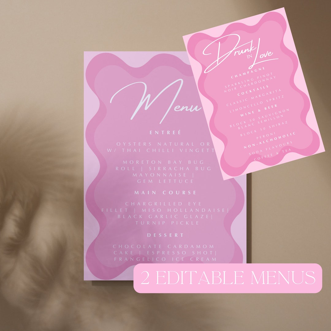 Bridal Shower Menu Template Pink Hens Party Drinks Menu Template ...