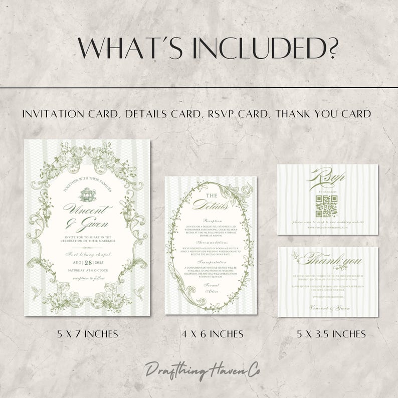 French Toile Wedding Invitation Set: Sage Green Chinoiserie (canva ...