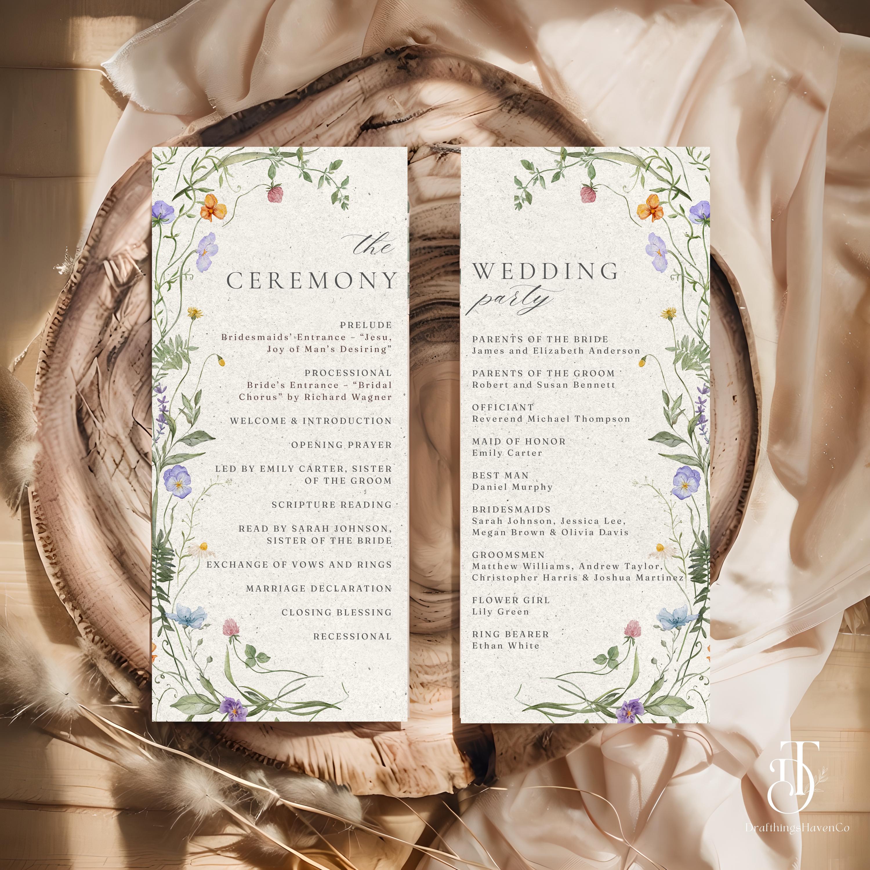 Wildflower Wedding Program Template: Cottagecore Garden Event (4x9 ...