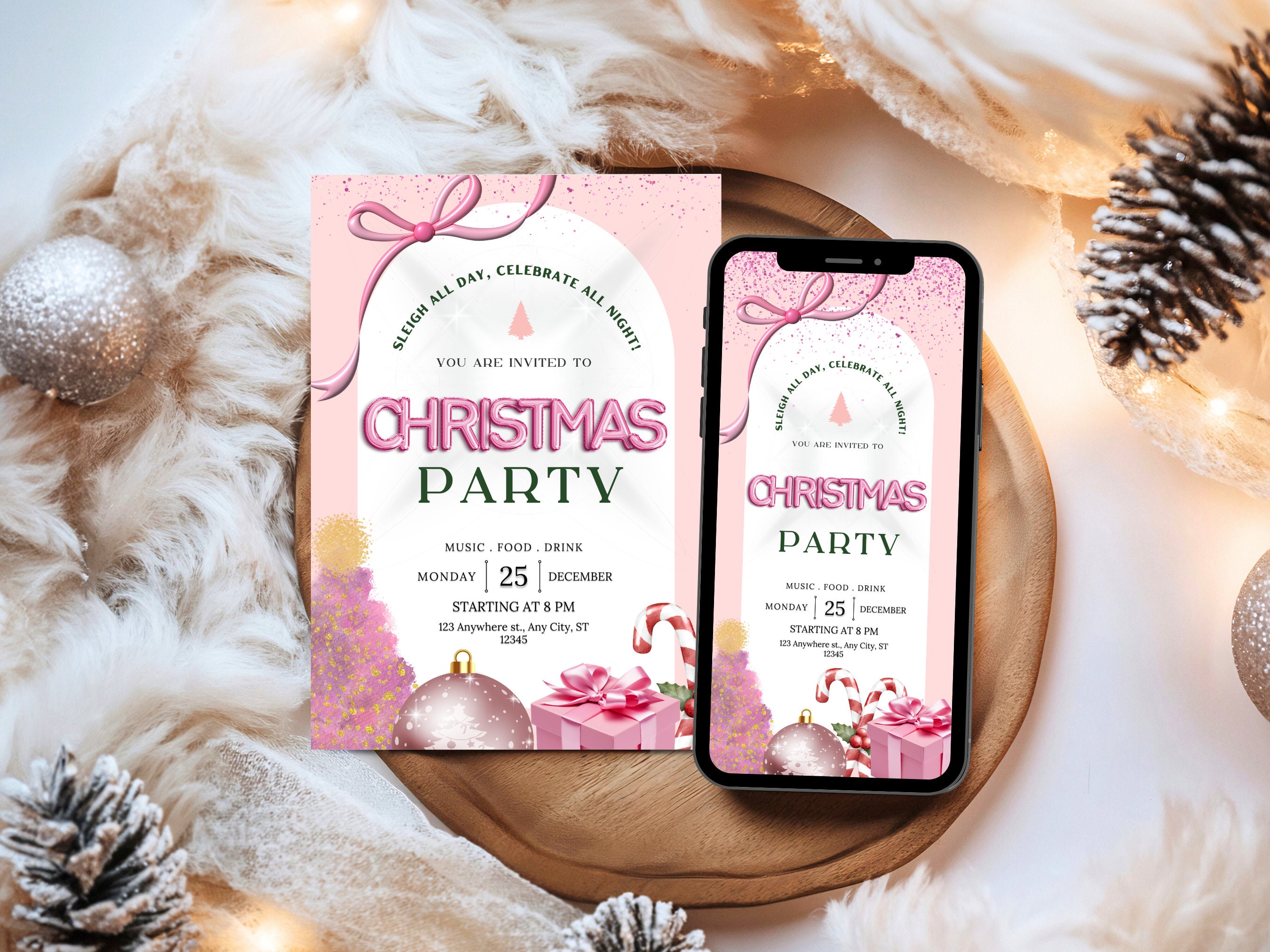 Pale Pink Bow Christmas Card Template Canva Fun Christmas Card Pink ...