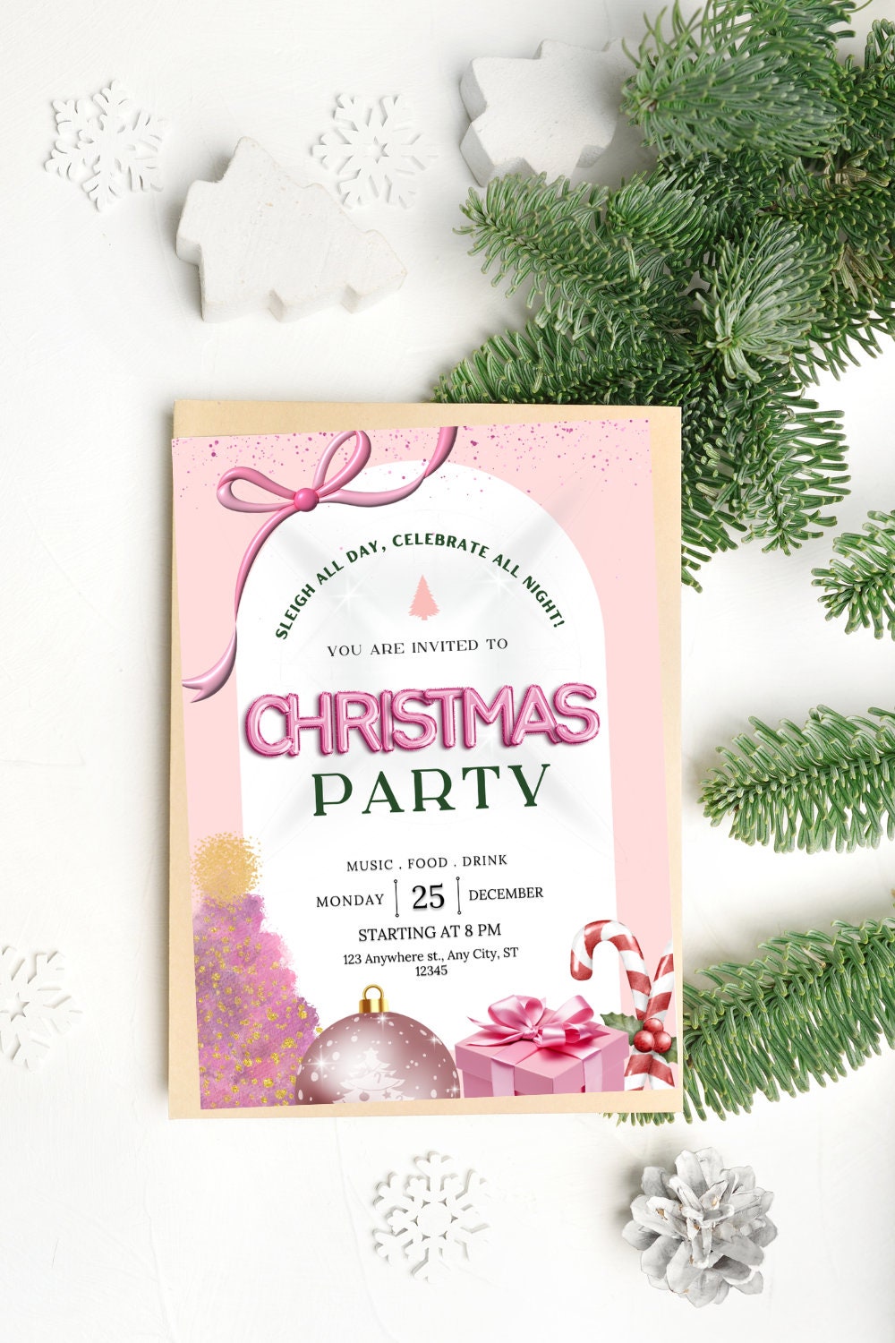 Pale Pink Bow Christmas Card Template Canva Fun Christmas Card Pink ...