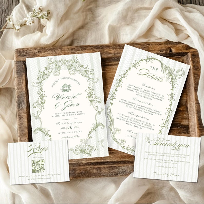 French Toile Wedding Invitation Set: Sage Green Chinoiserie (canva ...
