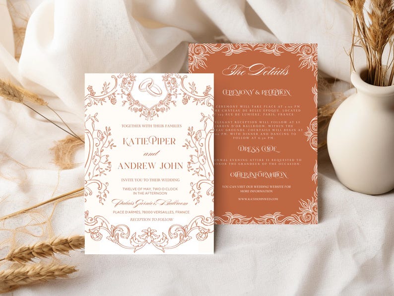 Rococo Wedding Invitation Template, Vintage Floral Wedding Invitation ...