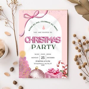 Pale Pink Bow Christmas Card Template Canva Fun Christmas Card Pink ...