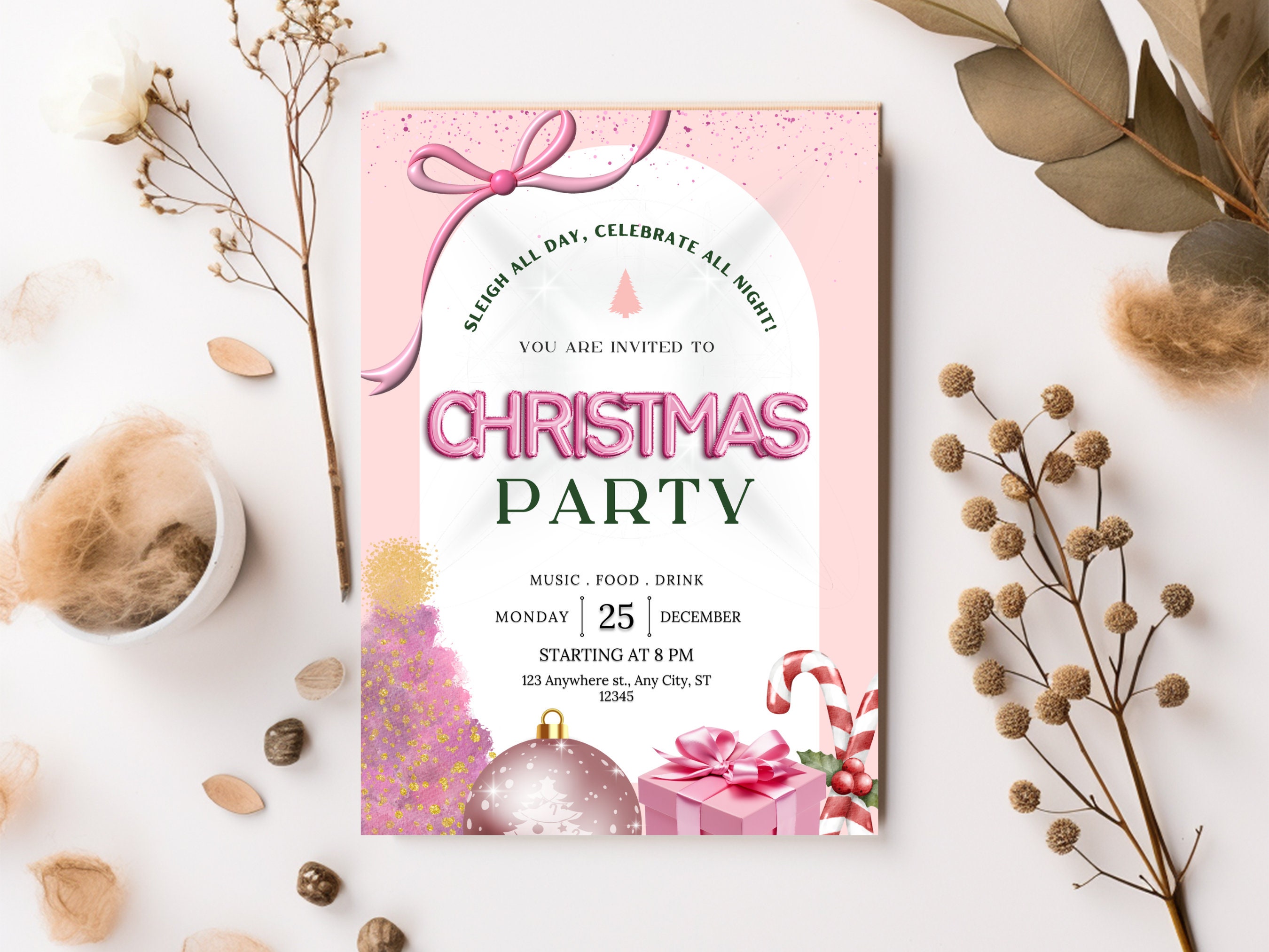 Pale Pink Bow Christmas Card Template Canva Fun Christmas Card Pink ...