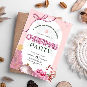 Pale Pink Bow Christmas Card Template Canva Fun Christmas Card Pink ...