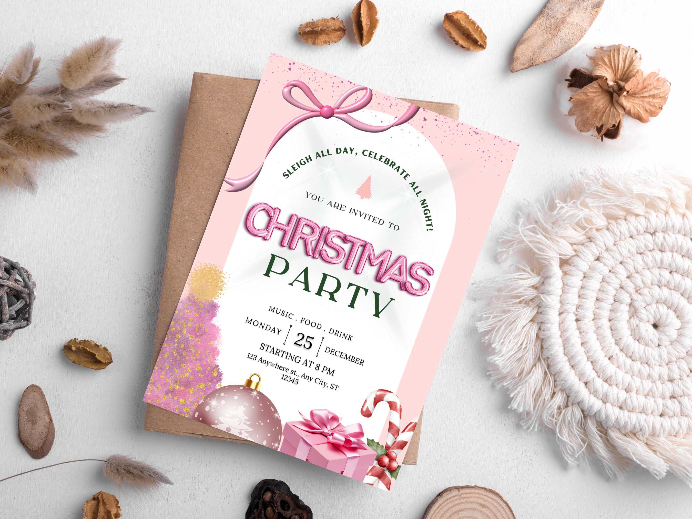 Pale Pink Bow Christmas Card Template Canva Fun Christmas Card Pink ...