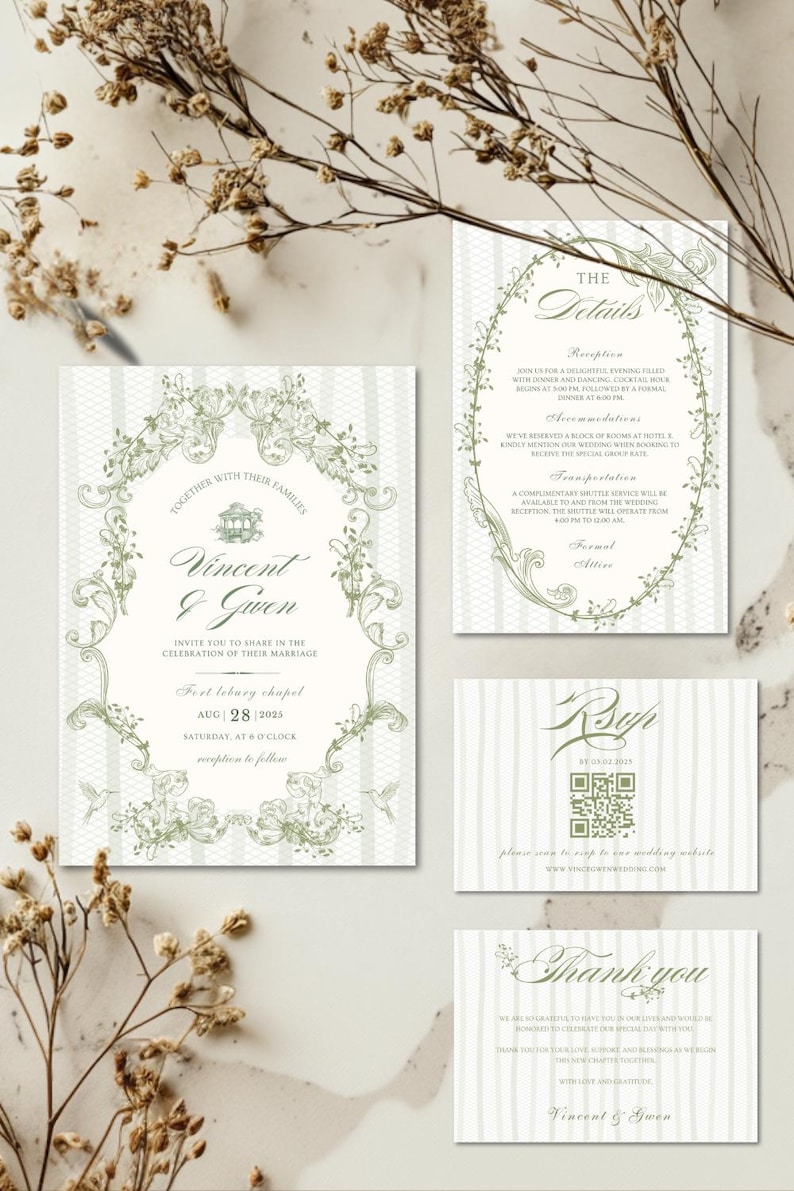 French Toile Wedding Invitation Set: Sage Green Chinoiserie (canva ...