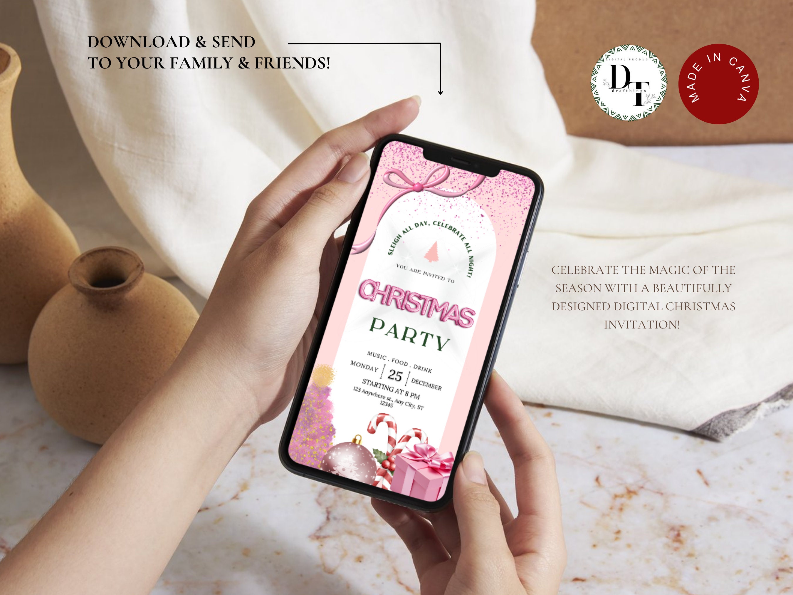 Pale Pink Bow Christmas Card Template Canva Fun Christmas Card Pink ...