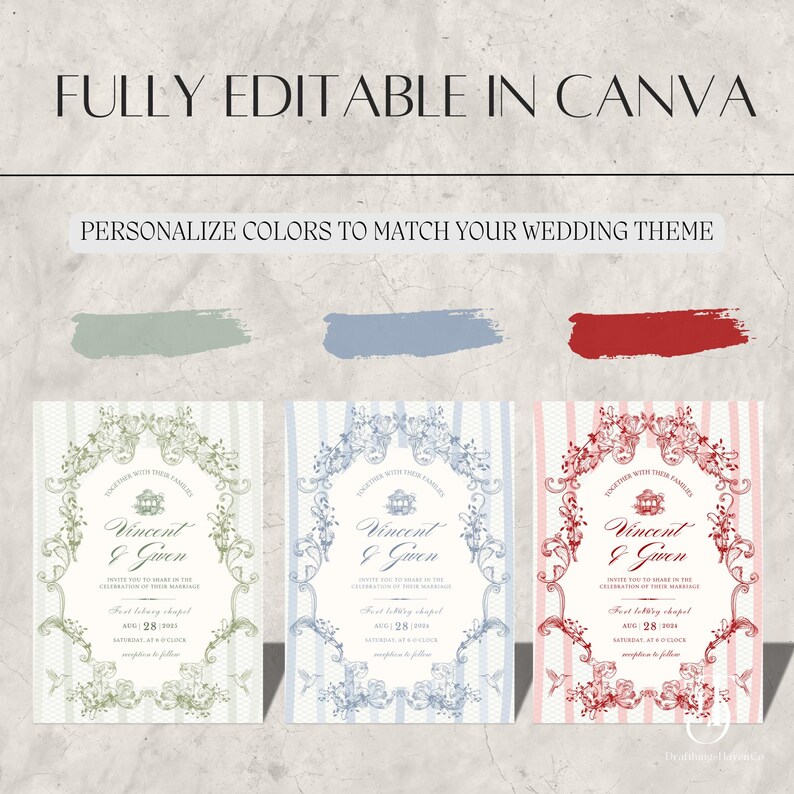 French Toile Wedding Invitation, Floral Chinoiserie Sage Green, Fall ...