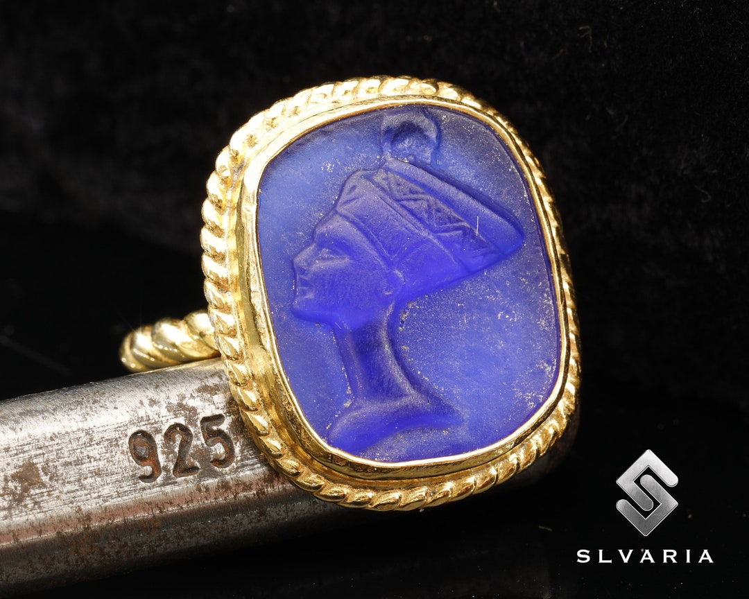 Nefertiti Egypt Coin 24K Gold Plated 925 Silver Signet Glass Intaglio ...