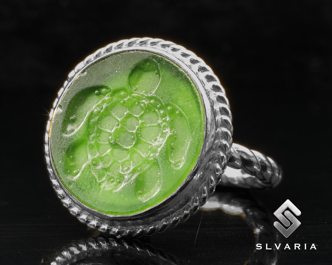Turtle Signet Ring, Green Glass Intaglio Coin Ring, Black Oxidized 925 ...