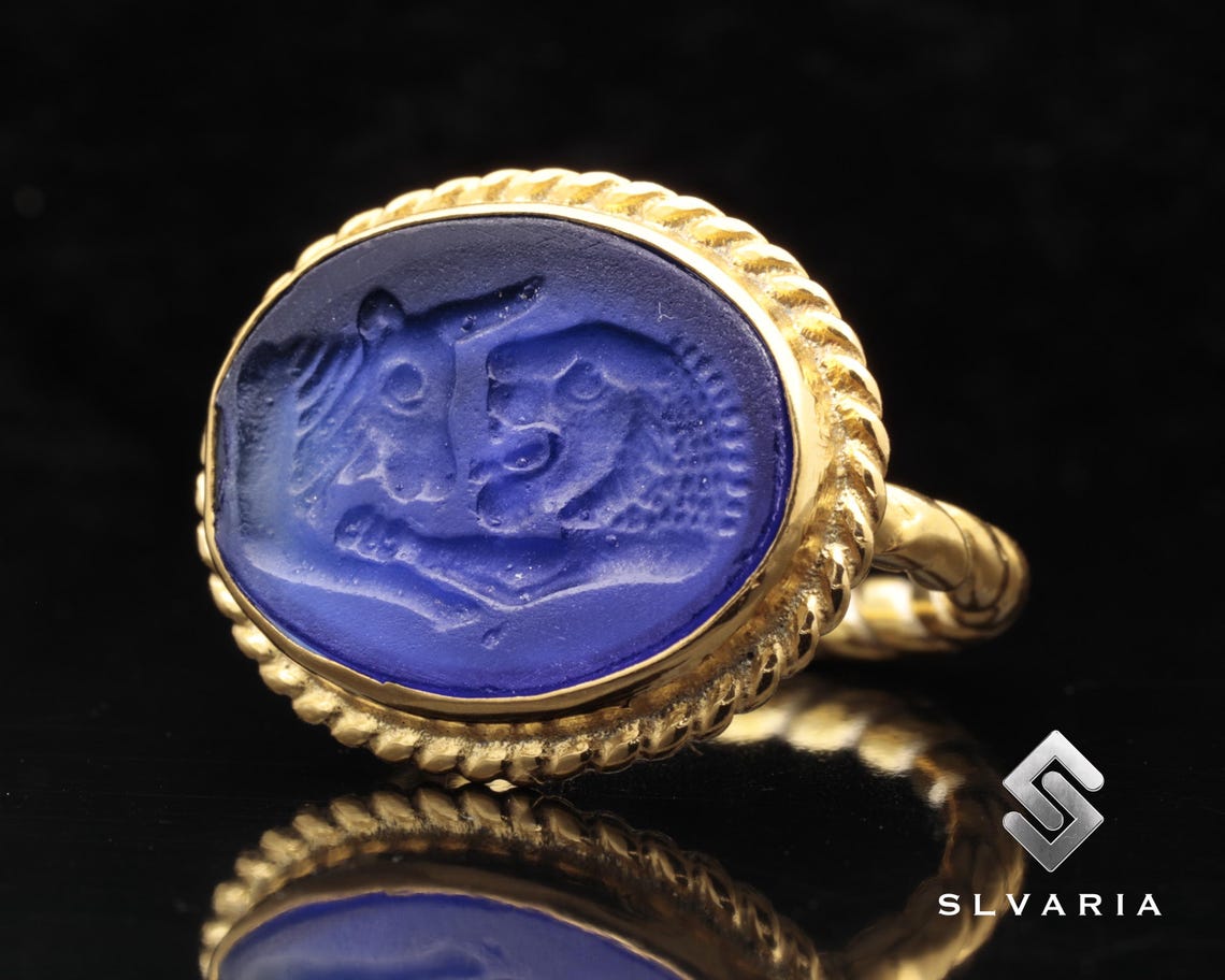 Lydia Lion and Bull Ring, Blue Intaglio Glass Ring, Historical Ring ...