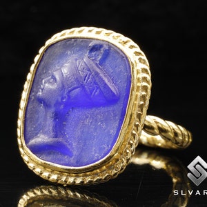 Nefertiti Egypt Coin 24K Gold Plated 925 Silver Signet Glass Intaglio ...