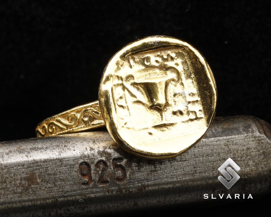 Ancient Greek Coin Trophy 24K Gold Vermeil 925 Silver Signet Ring ...