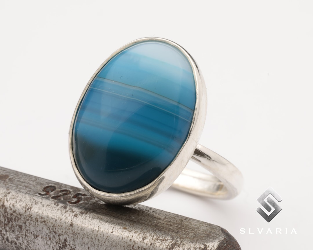 Natural Blue Agate Gemstone Ring, 925 Sterling Silver Oval Solitaire ...