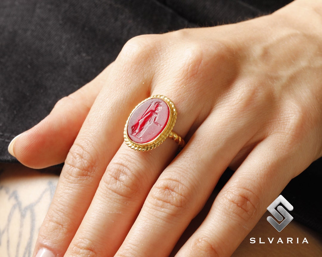 Witch Coin Signet 24K Gold Plated 925 Silver Ring Glass Intaglio ...