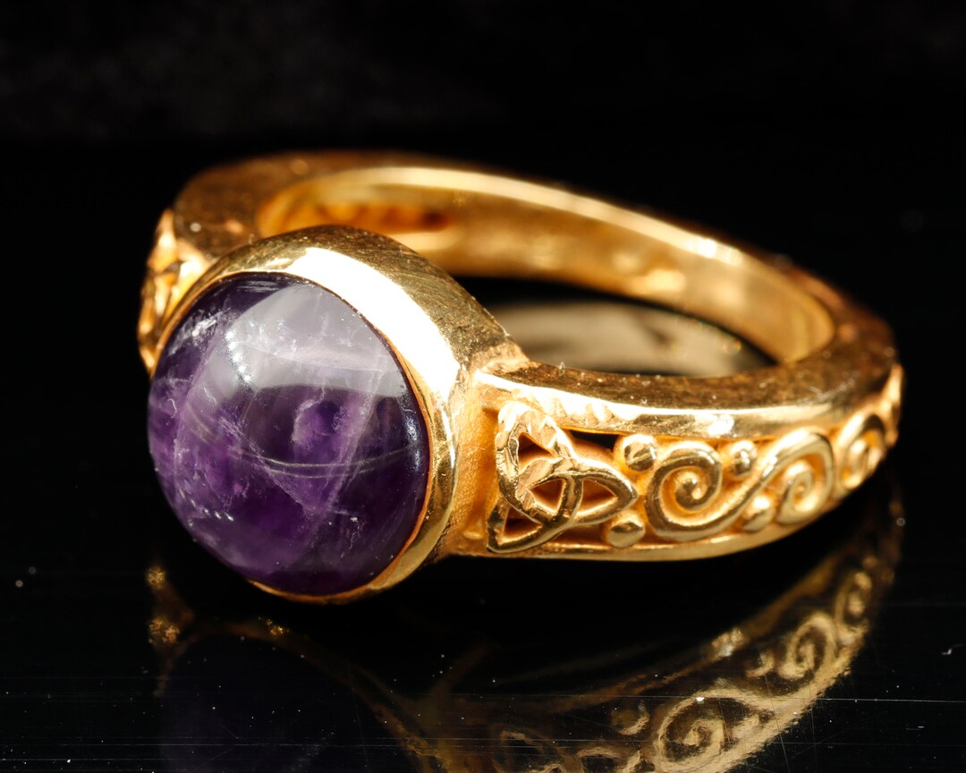 Natural Amethyst Crystal Triquetra Design Handmade Ring 24K Gold Plated ...