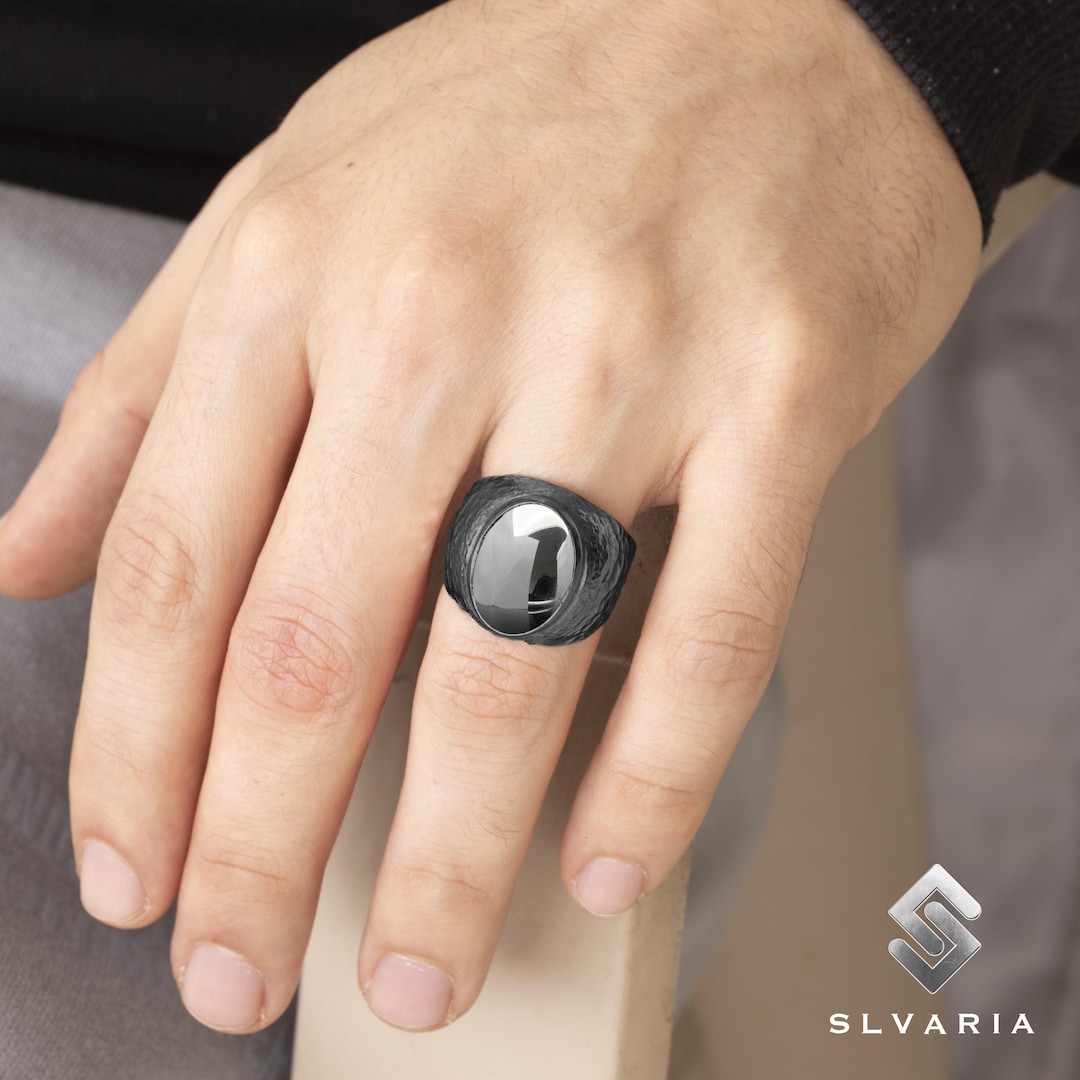 Hammered Men's Natural Hematite Gemstone Ring, Black Oxidized 925K Silver Handmade Unisex Ring ...