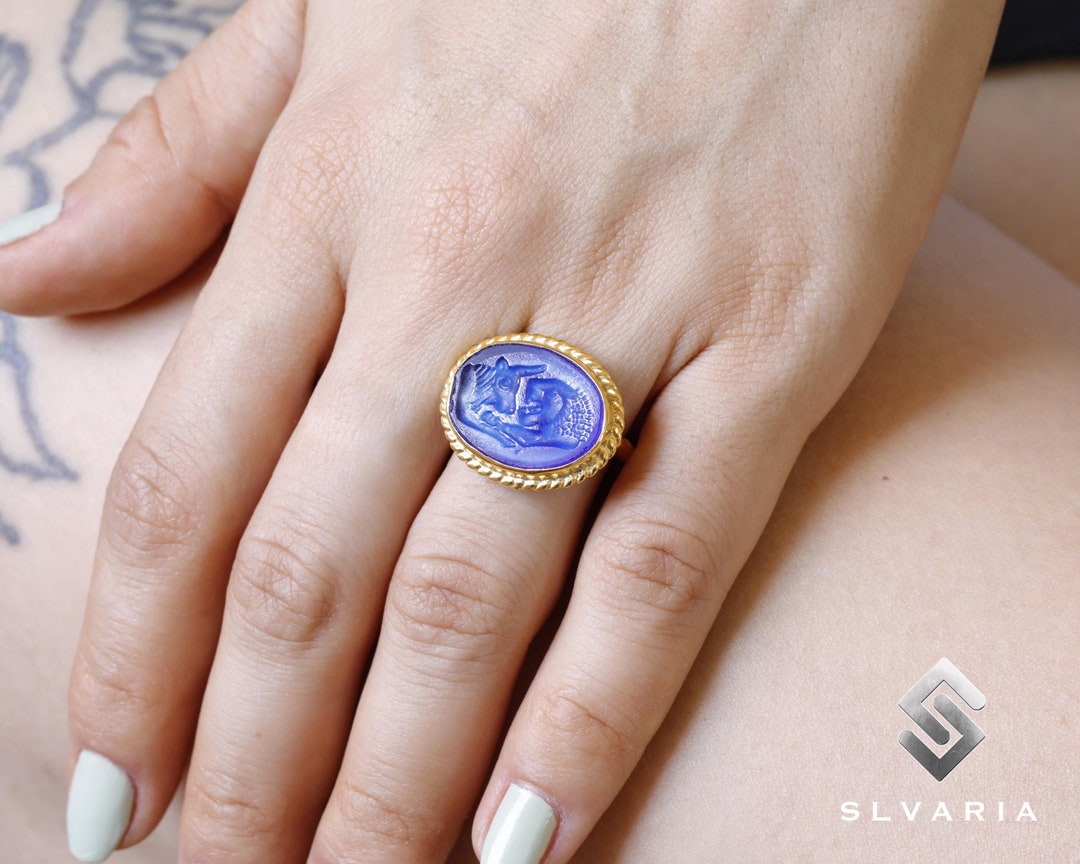Lydia Lion and Bull Ring, Blue Intaglio Glass Ring, Historical Ring ...