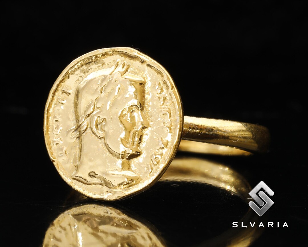 Ceaser Silver Coin 24K Gold Plated Ancient Roman Signet 925 Silver Ring ...
