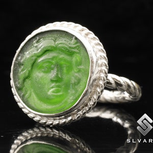 925 Silver Ancient Glass Intaglio Medusa Greek Coin Signet Ring Turkish ...