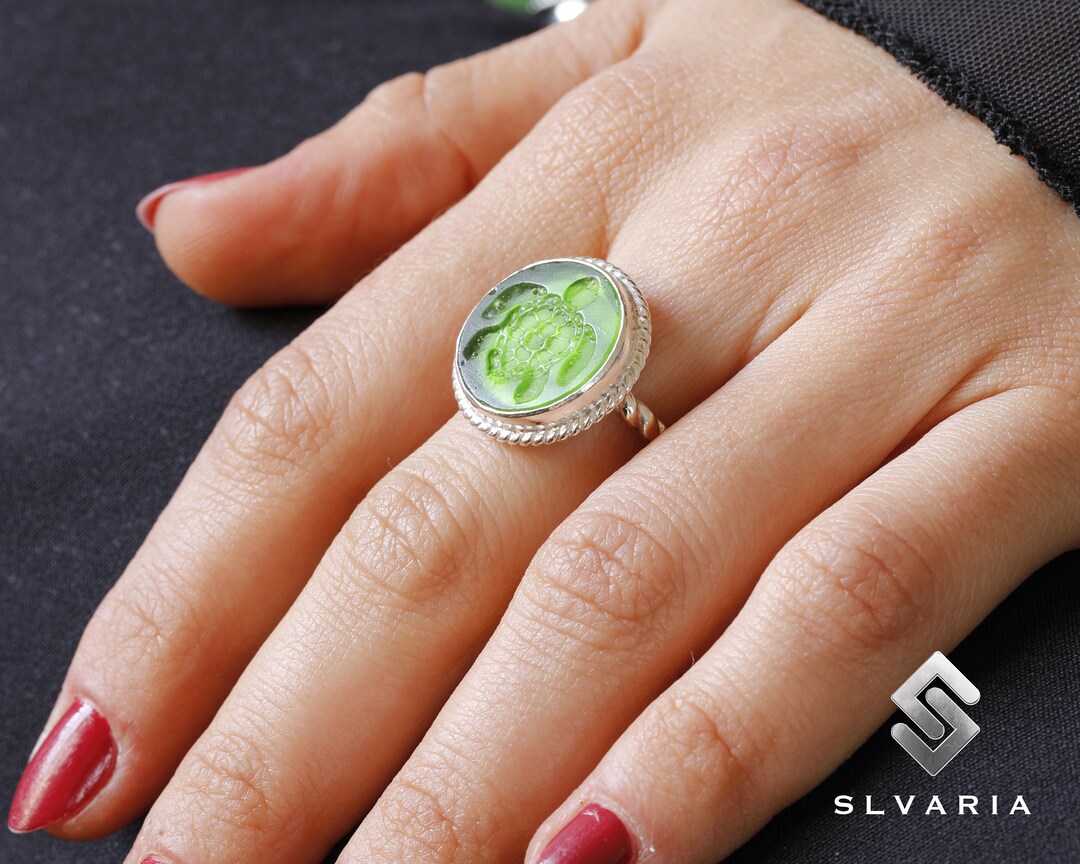 Glass Intaglio Turtle Coin Signet Rope Twist Silver Ring Handmade ...