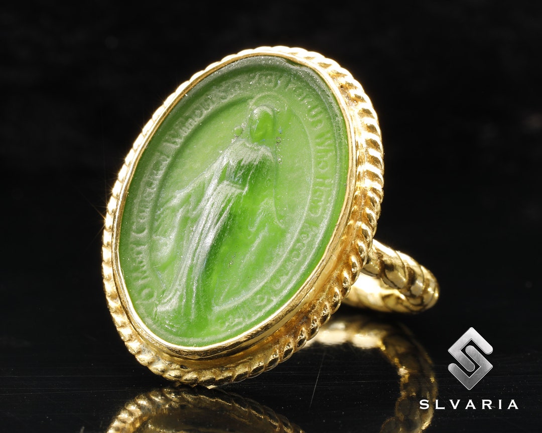Virgin Mary Greek Coin Signet 24K Gold Plated 925 Silver Glass Intaglio ...