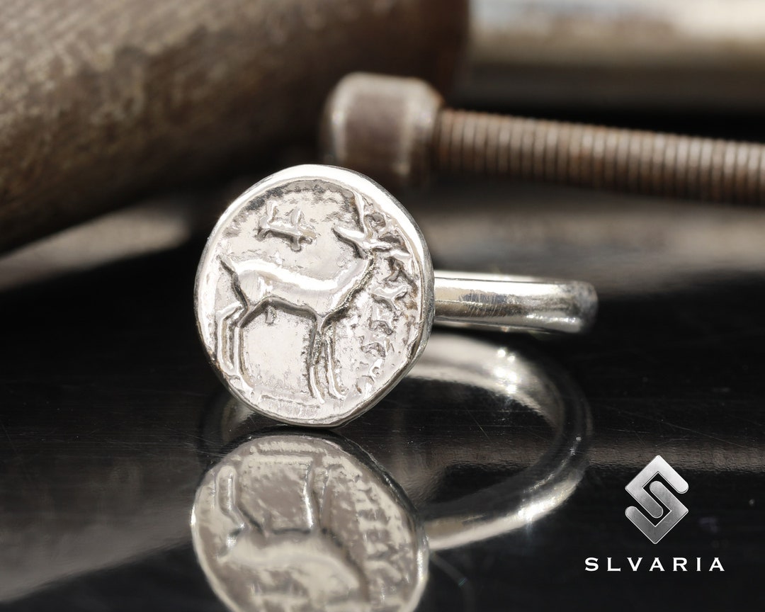 Ancient Greek Signet Deer Silver Coin 925 Silver Ring Minimalist Roman ...