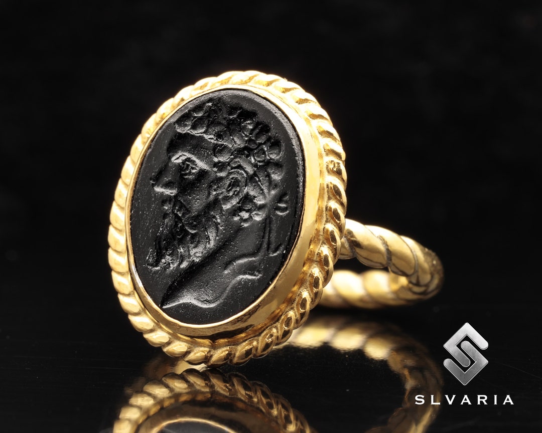 Julius Caesar Roman Signet Ring, Glass Intaglio Coin Ring, 24K Gold ...