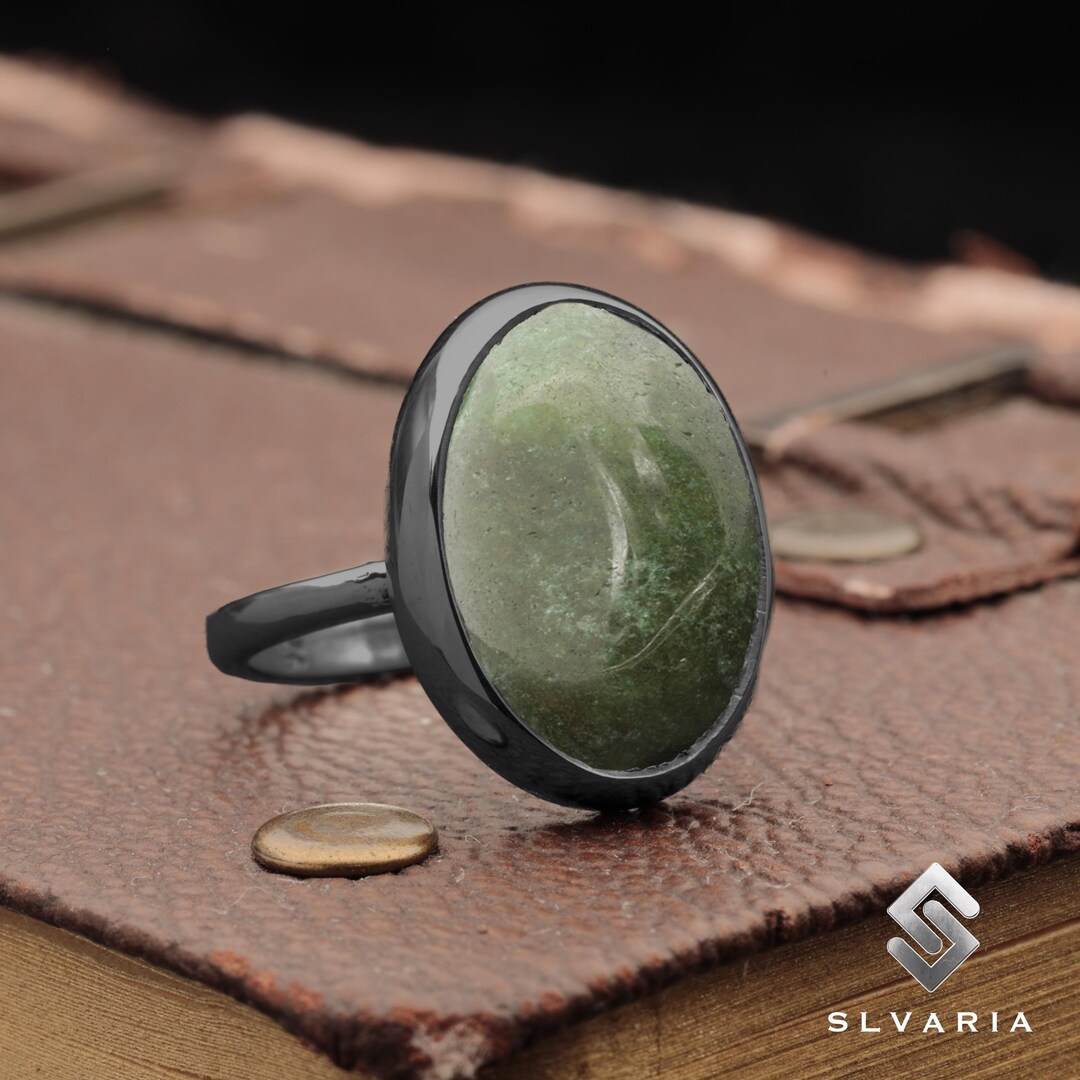 Natural Green Nephrite Jade Gemstone Ring, Black Oxidized 925 Silver ...